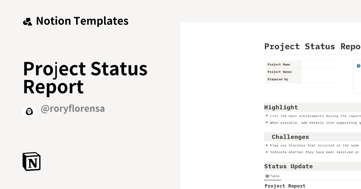 Project Status Report Template by Rory Florensa | Notion Marketplace