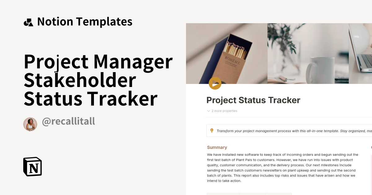 Project Manager Stakeholder Status Tracker Template | Notion Marketplace