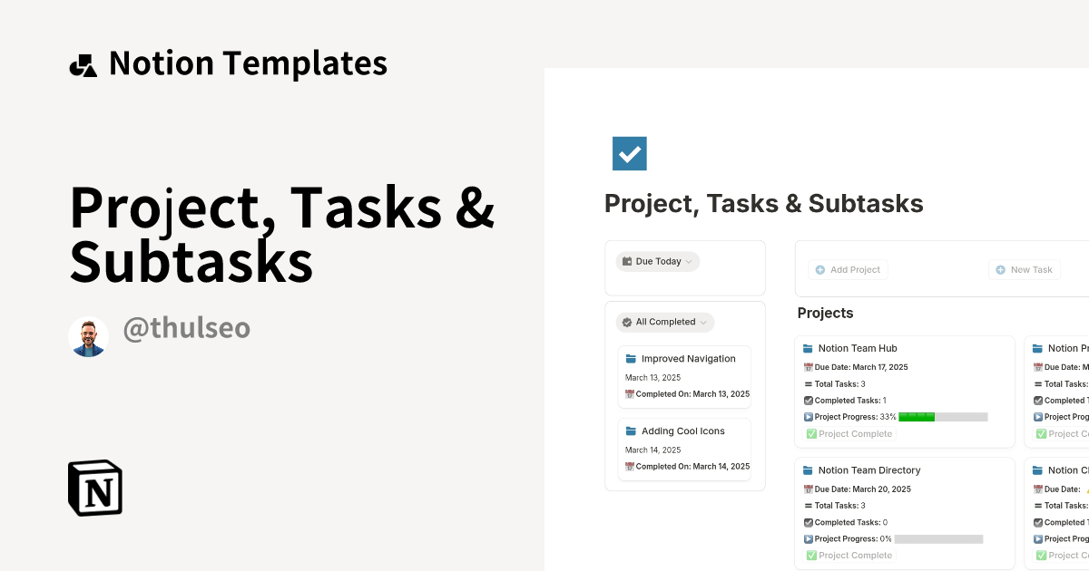 Project, Tasks & Subtasks Template by Pete - The Product Guy | Notion Marketplace