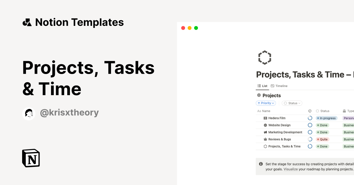Projects, Tasks & Time Template by Kris Theory | Notion Marketplace