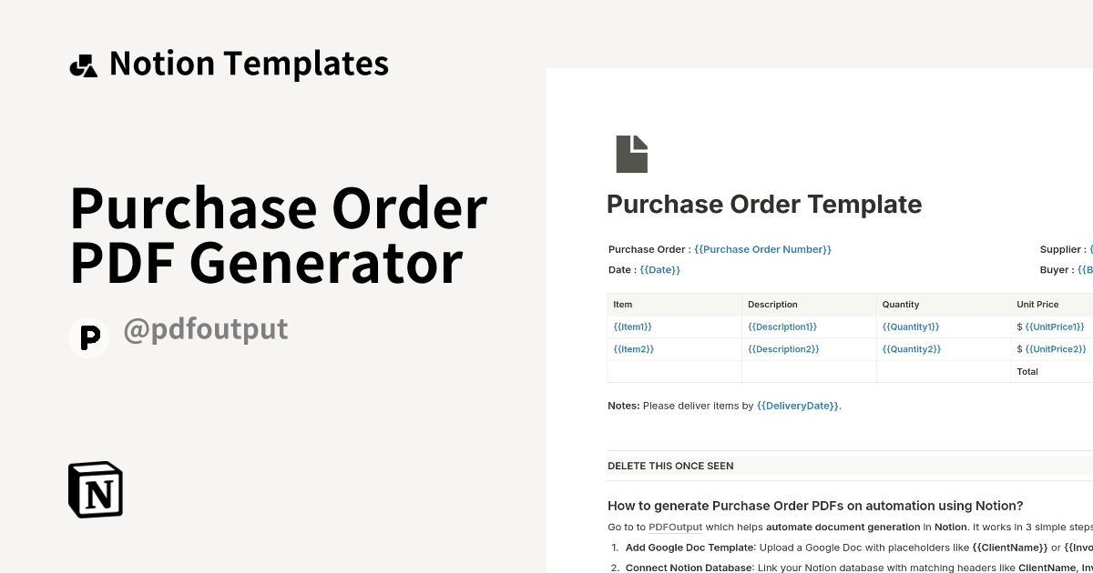 Purchase Order PDF Generator Template | Notion Marketplace