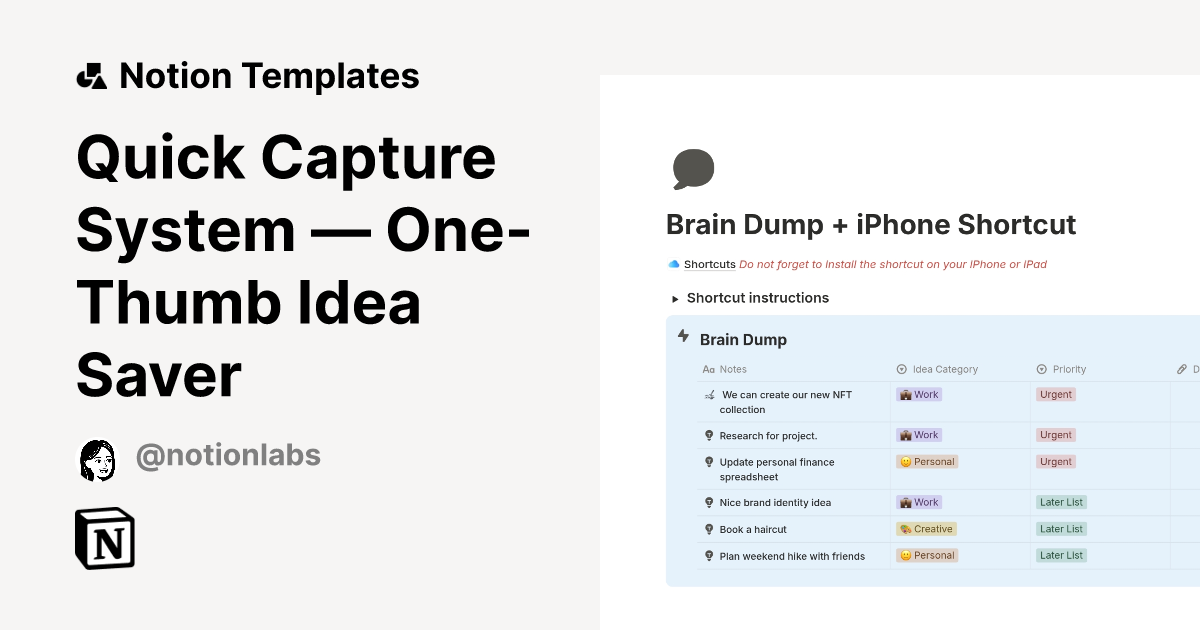 Quick Capture System — One-Thumb Idea Saver Template by Smart Notion | Notion Marketplace
