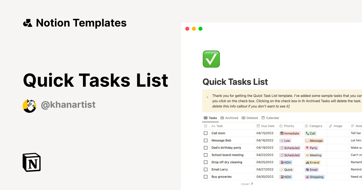 Quick Tasks List Template by Ali Khan | Notion Marketplace