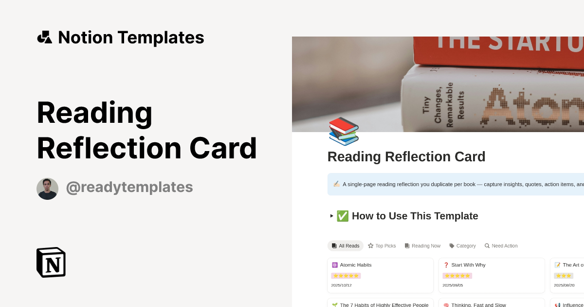 Reading Reflection Card Template by Ready Templates | Notion Marketplace