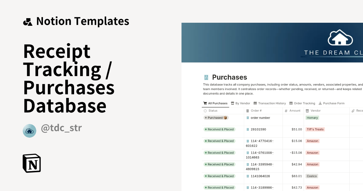 Receipt Tracking / Purchases Database Template by The Dream Club STR ...
