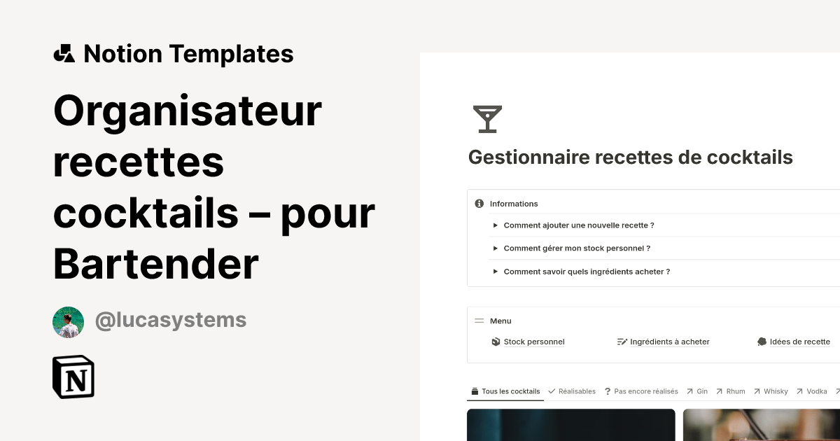 Organisateur recettes cocktails – Modèle Bartender Template | Notion ...