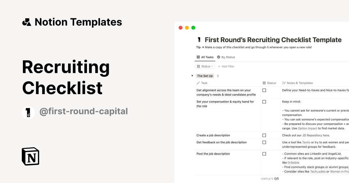 Recruiting Checklist Template by First Round Capital | Notion Marketplace