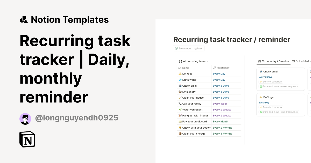 Recurring task tracker | Daily, monthly reminder Template | Notion Marketplace