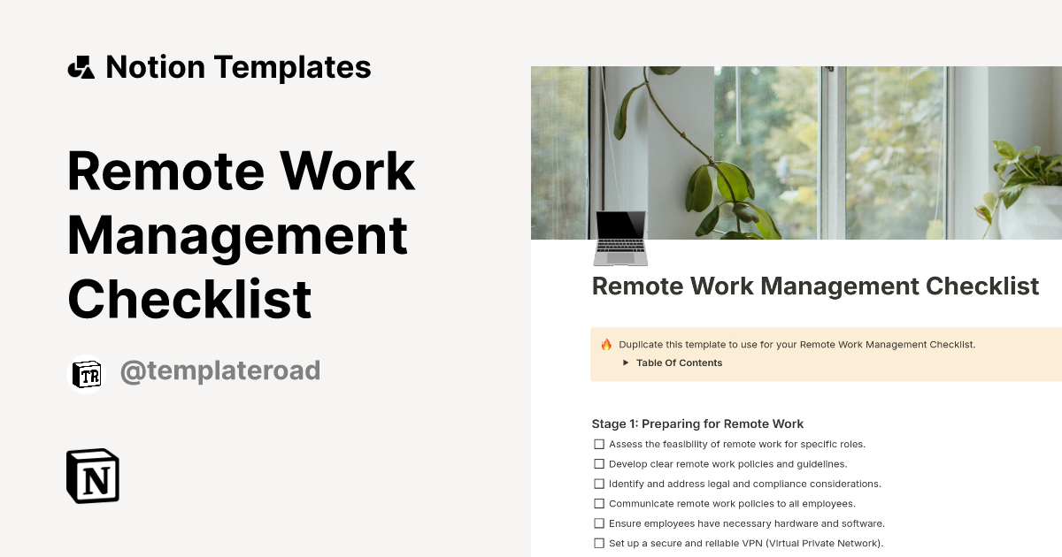 Remote Work Management Checklist Template | Notion Marketplace