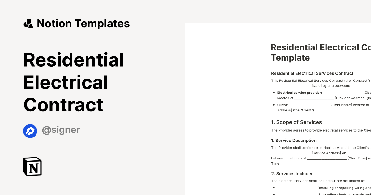Residential Electrical Contract Template by Signer HQ | Notion Marketplace
