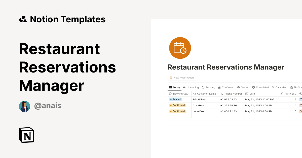 Restaurant Reservations Manager Template by Anaïs | Notion Marketplace