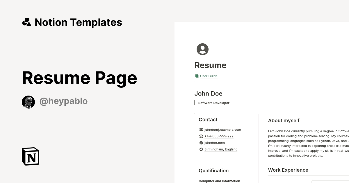 Resume Page Template | Notion Marketplace
