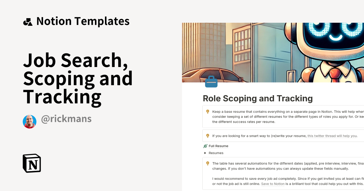 Job Search, Scoping and Tracking Template by Rick Mans | Notion Marketplace