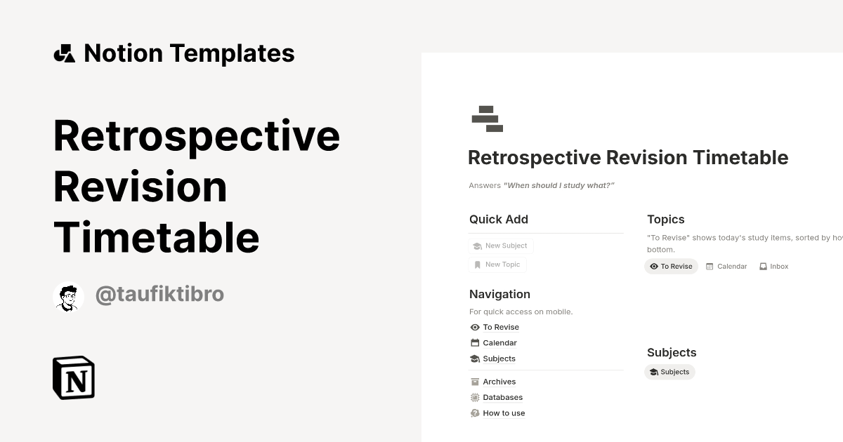 Retrospective Revision Timetable Template by Taufik Tibro | Notion Marketplace
