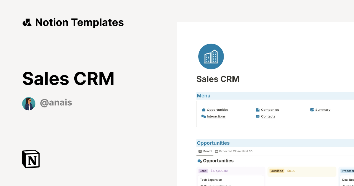 Sales CRM Template by Anaïs | Notion Marketplace