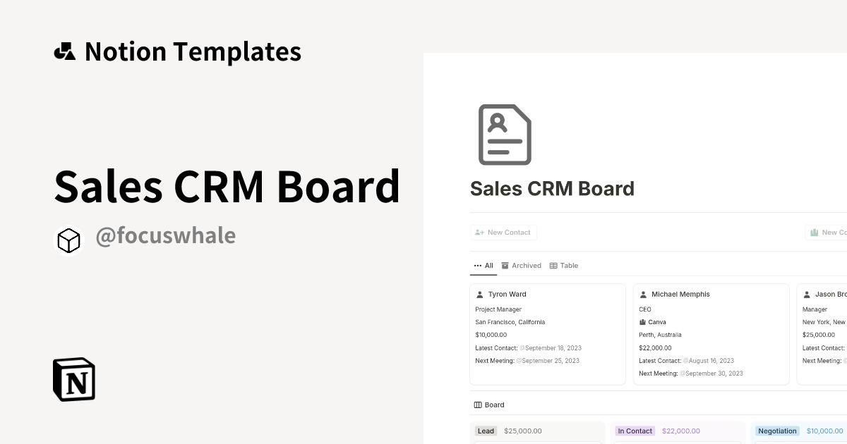 Sales CRM Board Template by FocusWhale | Notion Marketplace