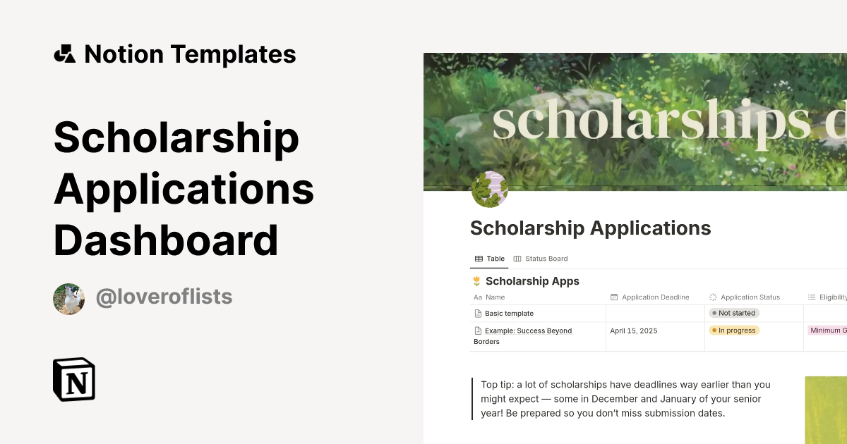 Scholarship Applications Dashboard Template by Quinn | Notion Marketplace