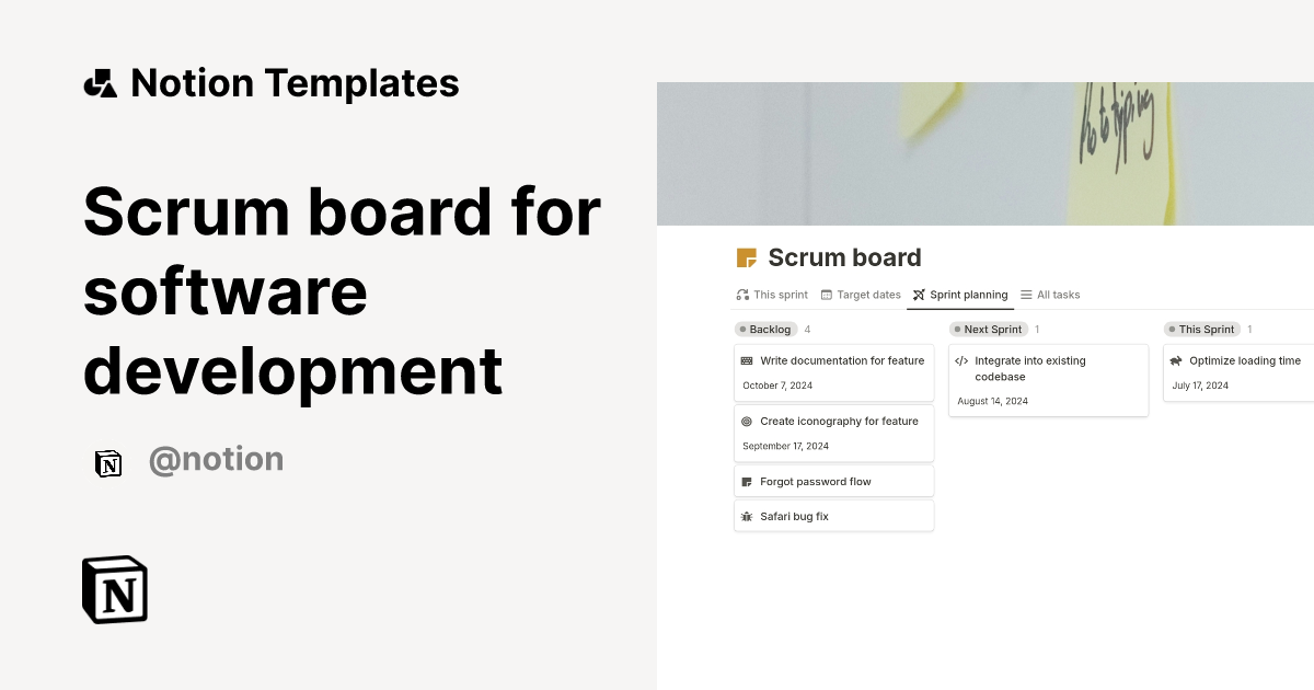 Scrum board for software development 2025 Template | Notion Marketplace