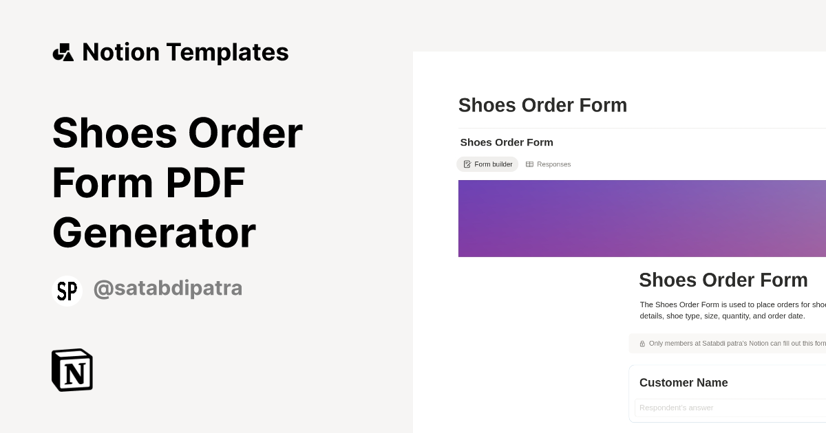 Shoes Order Form PDF Generator Template | Notion Marketplace