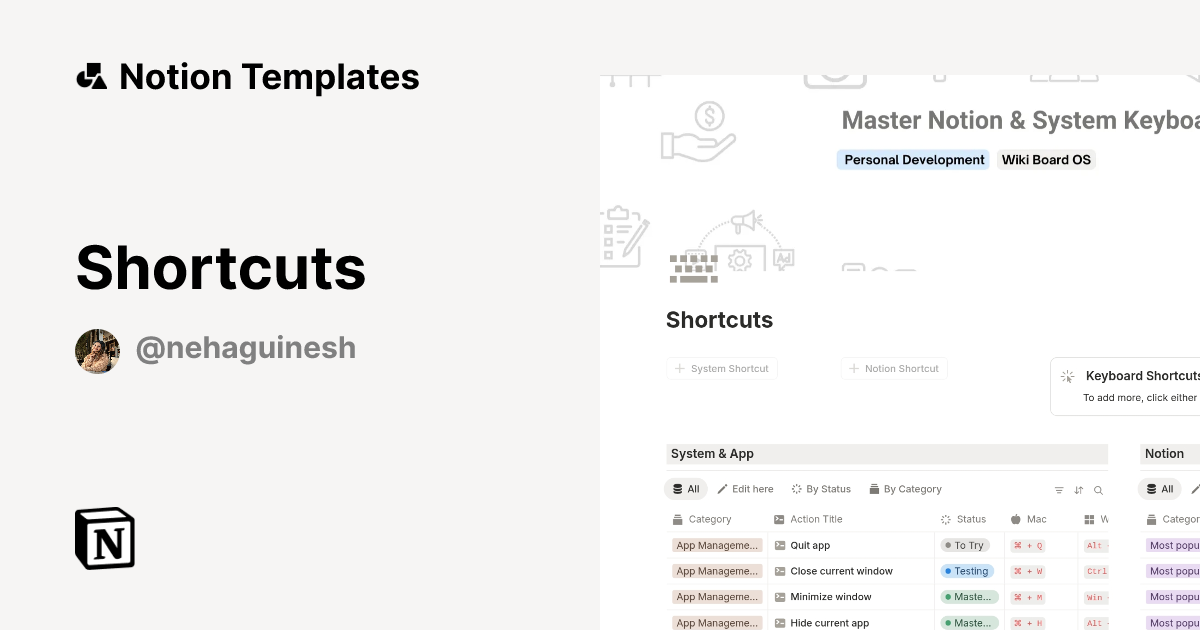 Shortcuts Template by Neha Guinesh | Notion Marketplace
