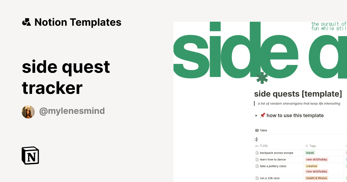 side quest tracker Template by Mylene Mae | Notion Marketplace