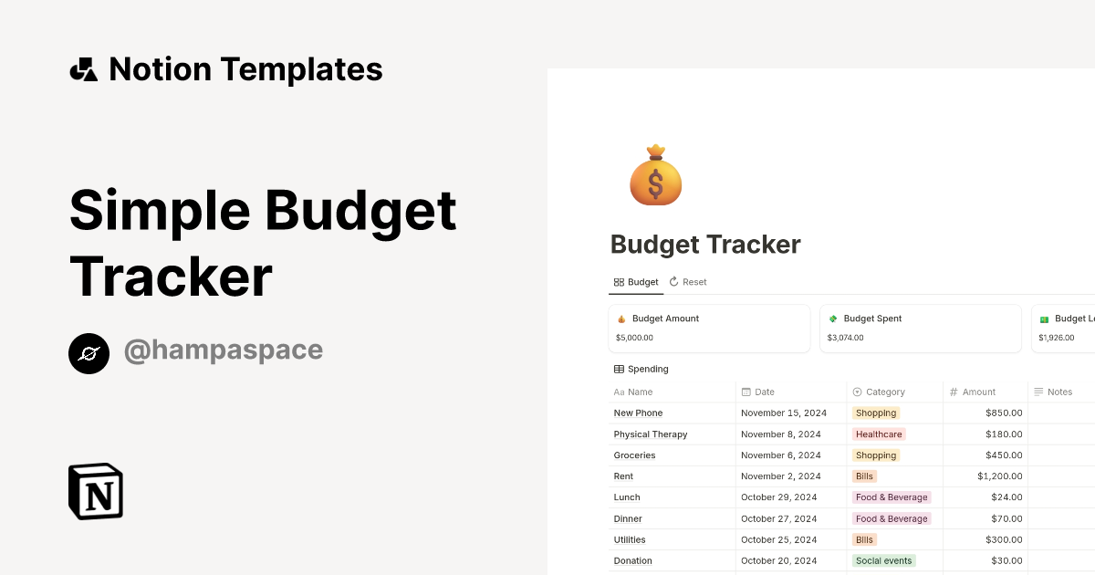 Simple Budget Tracker Template by HAMPA | Notion Marketplace