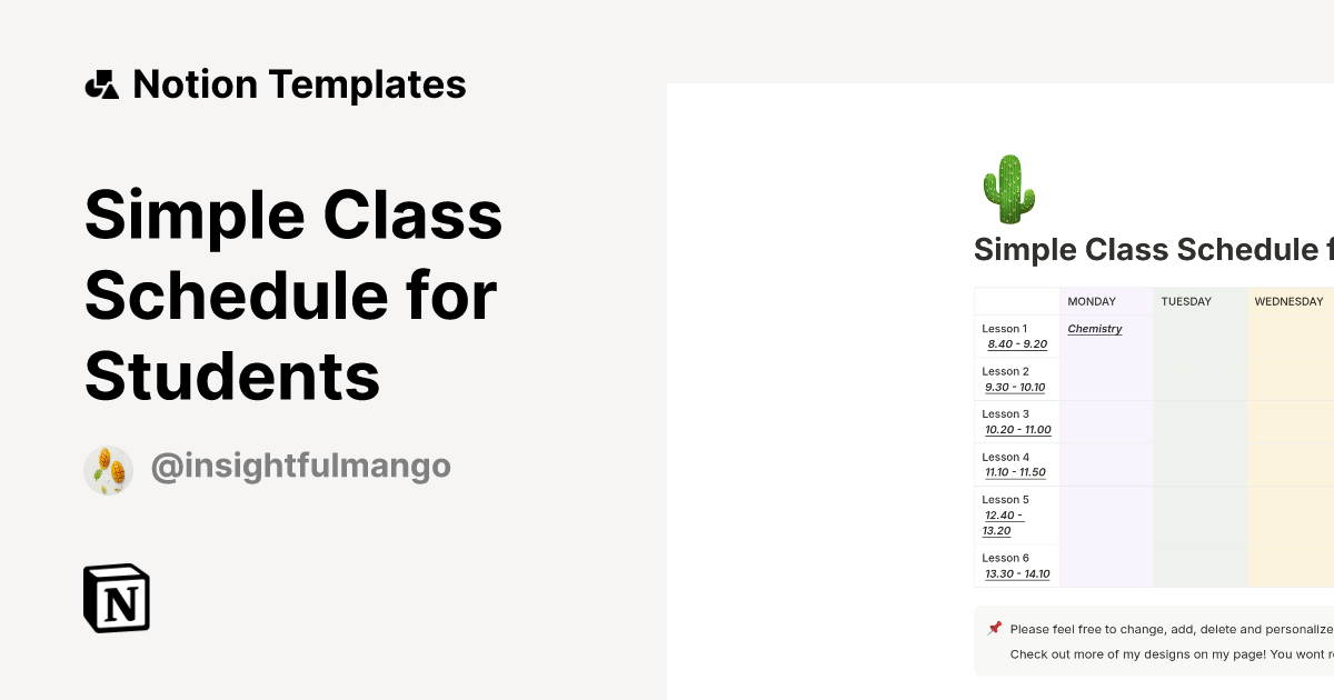 Simple Class Schedule for Students Template by Insightful Mango | Notion Marketplace