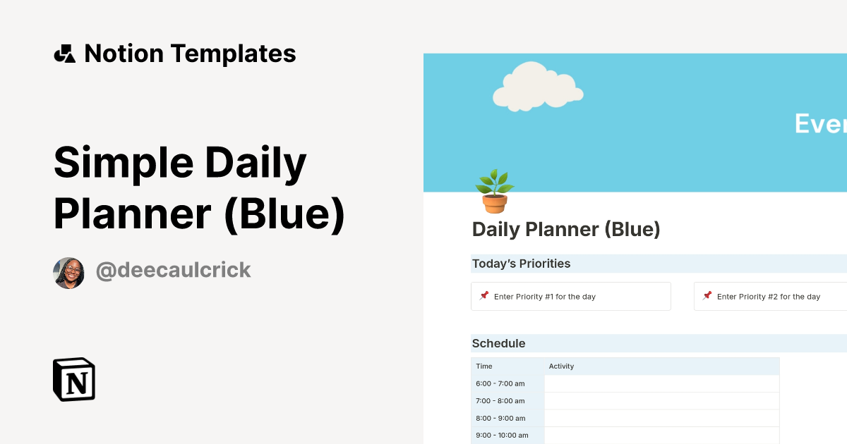 Simple Daily Planner (Blue) Template by Dee Caulcrick | Notion Marketplace