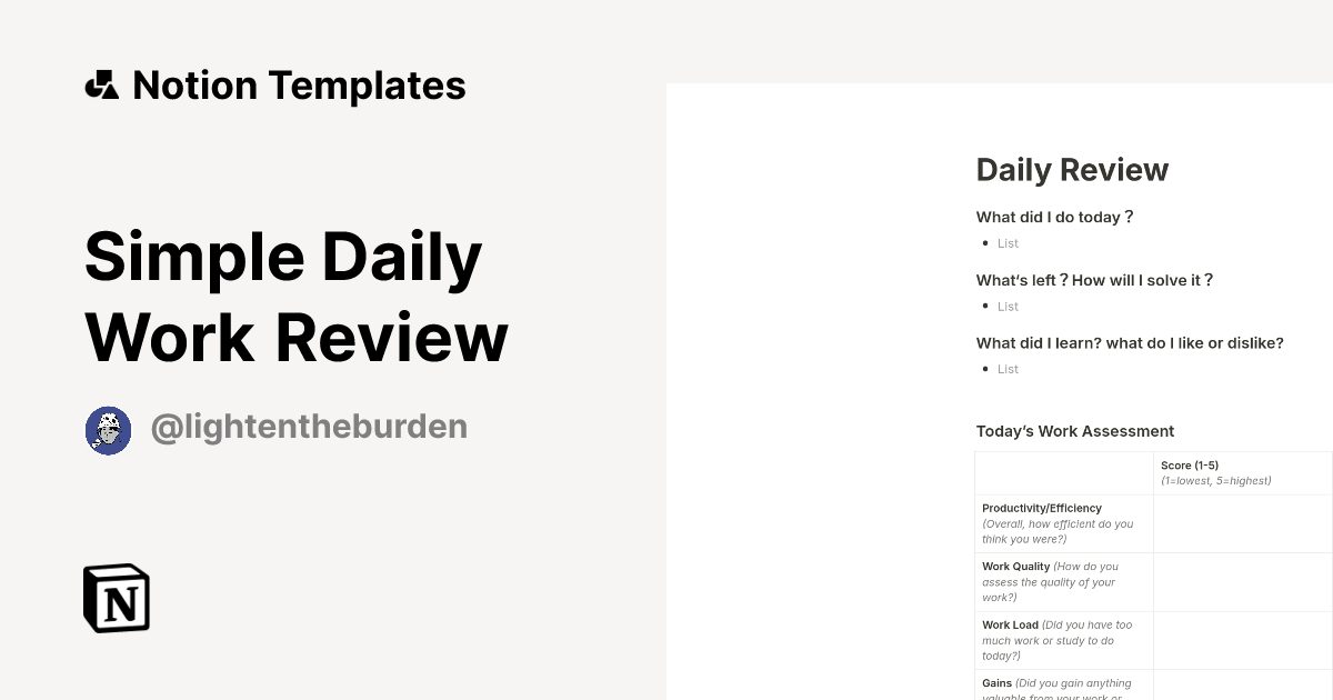 Simple Daily Work Review Template | Notion Marketplace