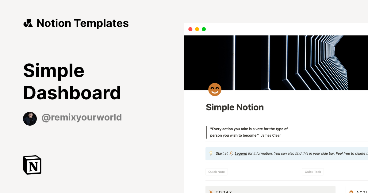 Simple Dashboard Template by Remix Your World | Notion Marketplace