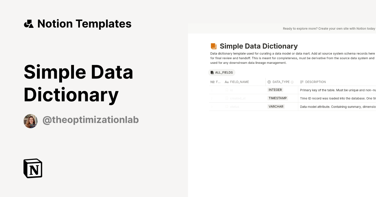 Simple Data Dictionary Template by Tera Earlywine | Notion Marketplace