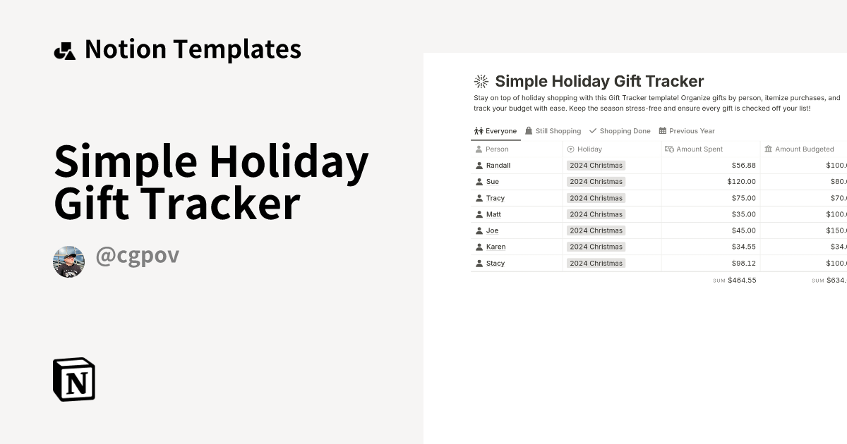 Simple Holiday Gift Tracker Template by Chad Ashley | Notion Marketplace