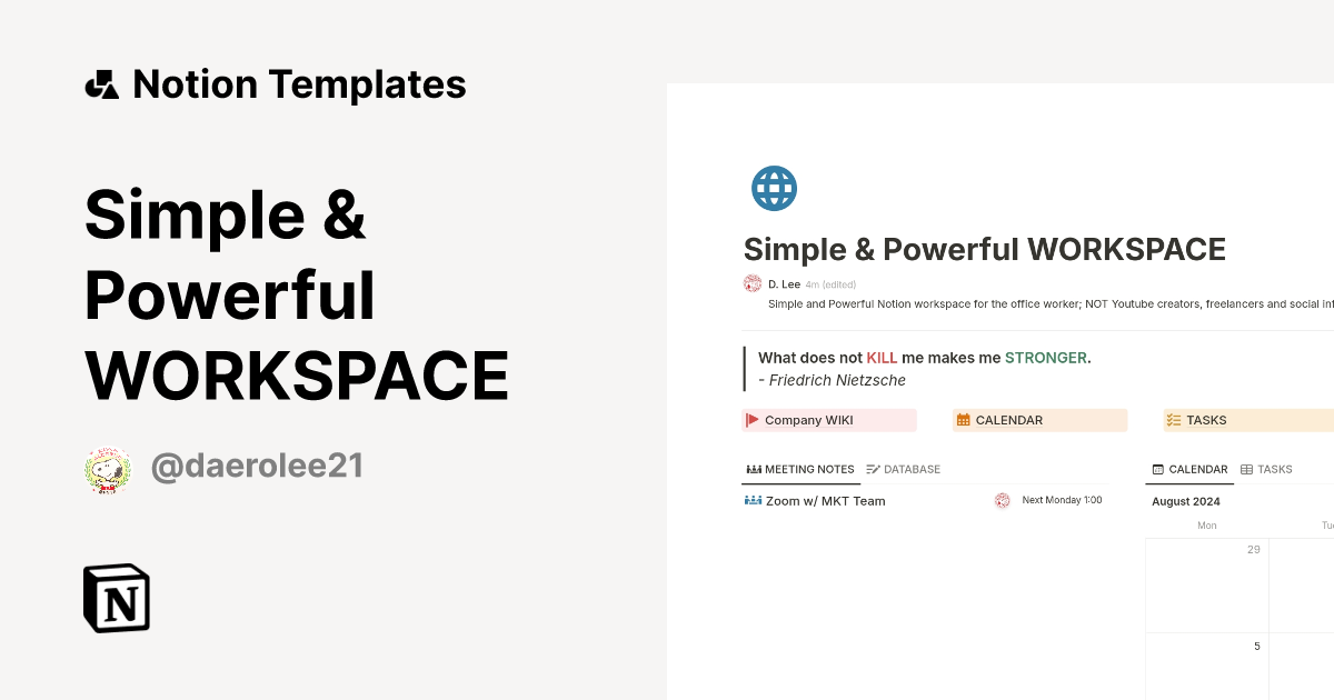 Simple & Powerful WORKSPACE Template by D. Lee | Notion Marketplace