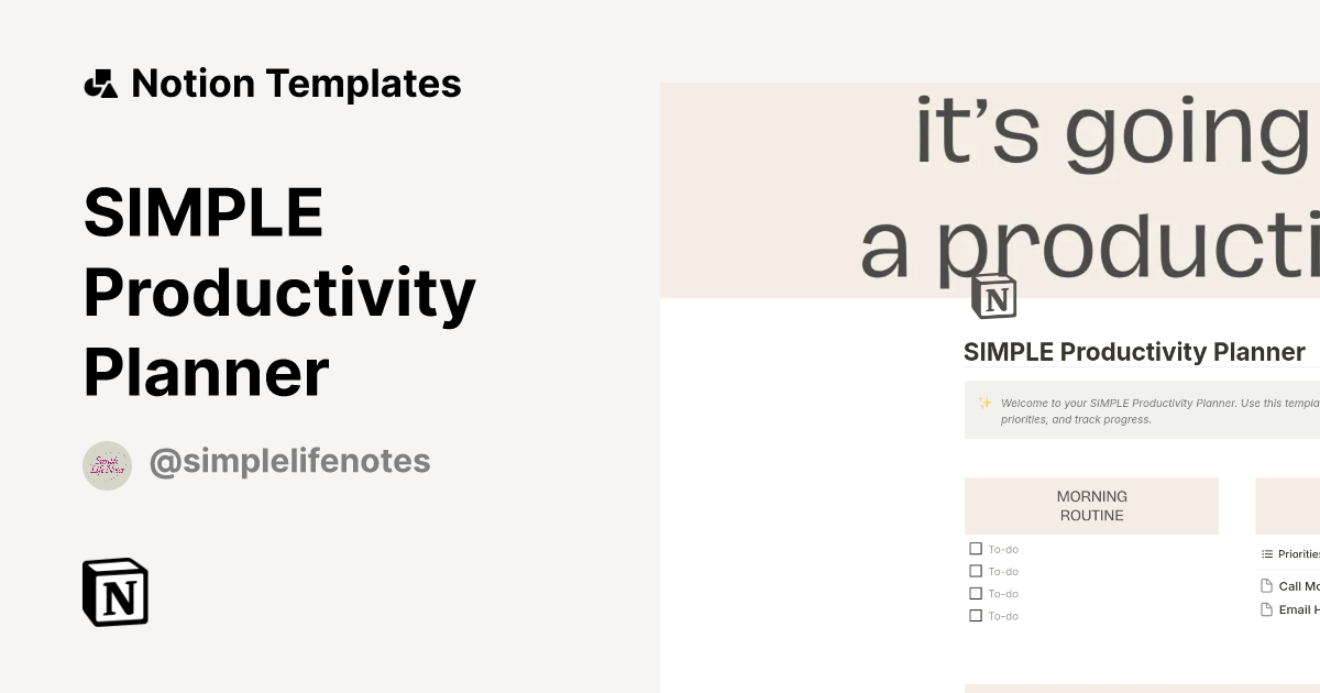 SIMPLE Productivity Planner Template by Simple Life Notes | Notion ...