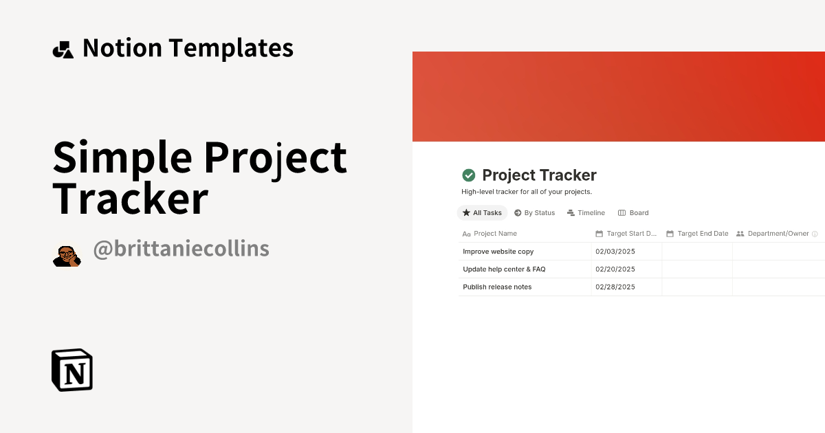 Simple Project Tracker Template by Brittanie Collins | Notion Marketplace