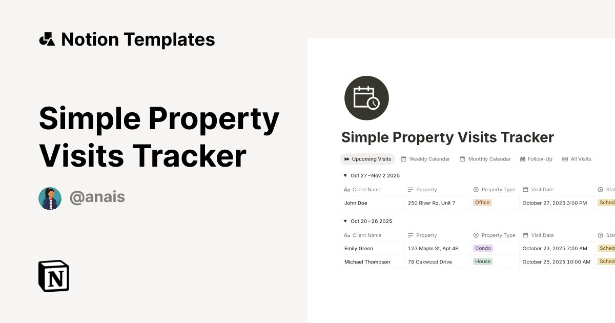 Simple Property Visits Tracker Template | Notion Marketplace