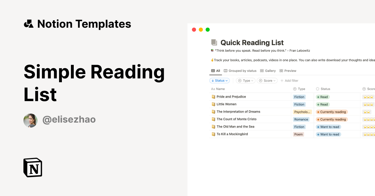 Simple Reading List Template by Elise Zhao | Notion Marketplace