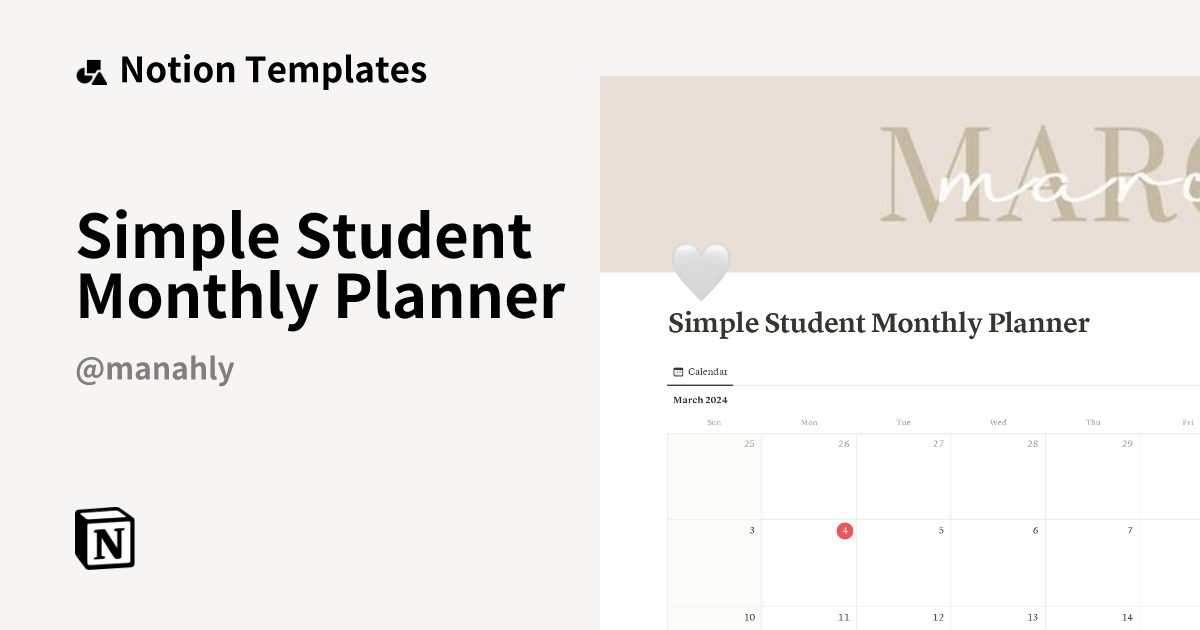 Simple Student Monthly Planner Template | Notion Marketplace