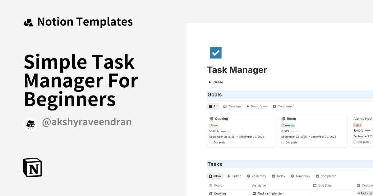 Simple Task Manager For Beginners Template | Notion Marketplace