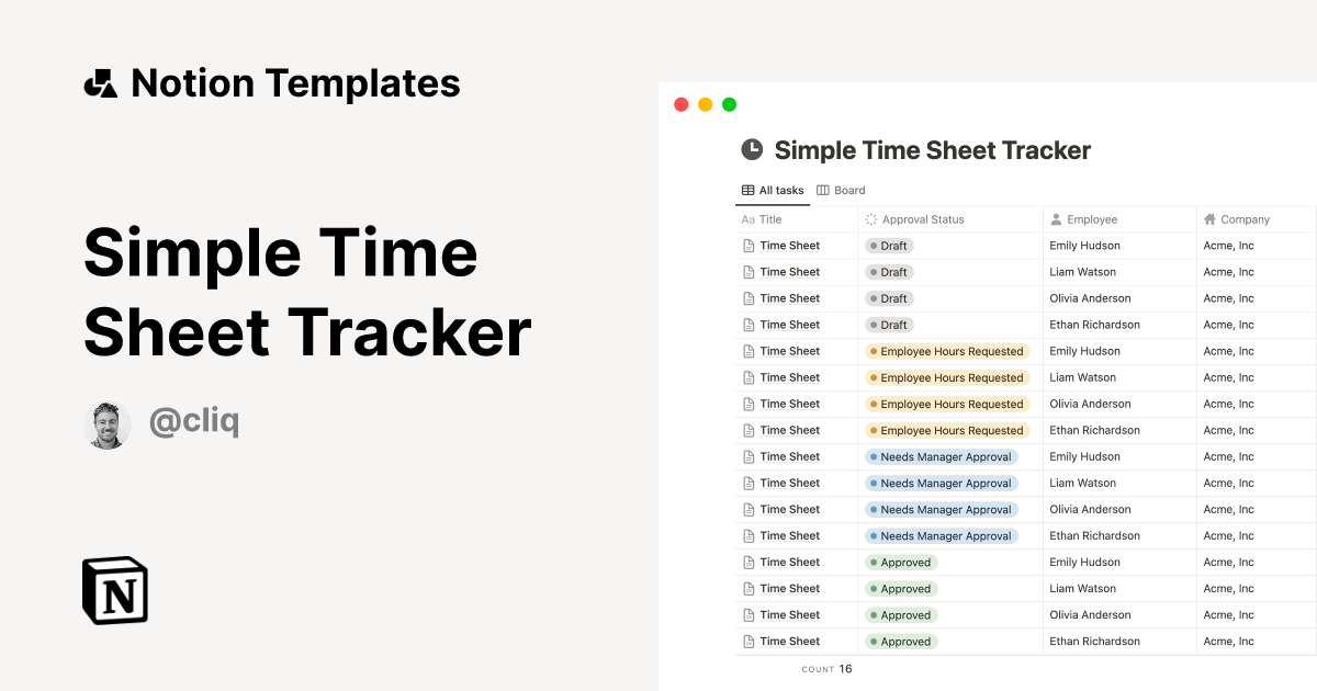 Simple Time Sheet Tracker Template by Stuart Sharpe | Notion Marketplace