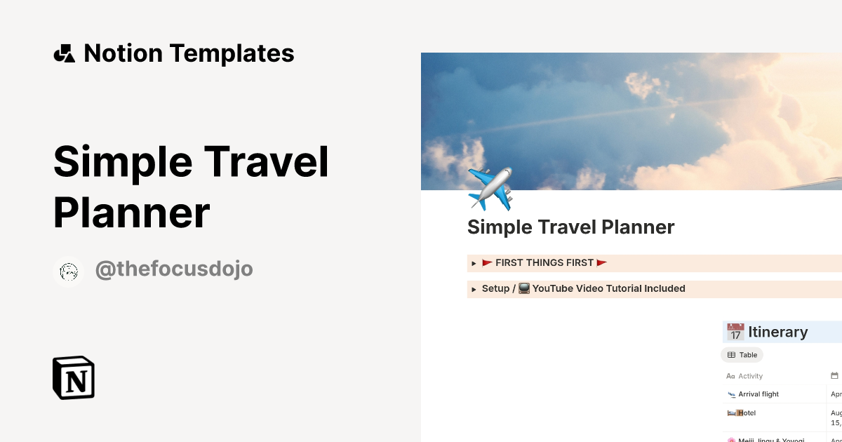 Simple Travel Planner Template by The Focus Dojo | Notion Marketplace