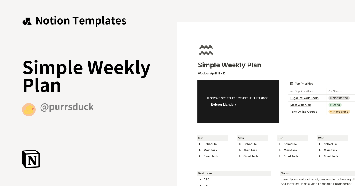 Simple Weekly Plan Template by Purrsduck | Notion Marketplace