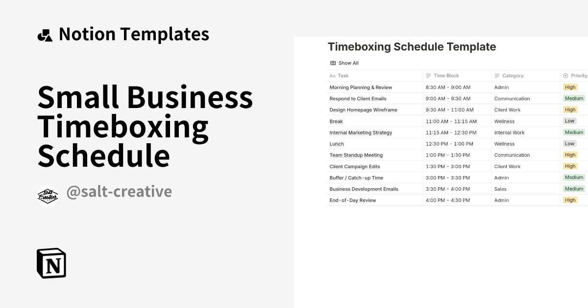 Small Business Timeboxing Schedule Template | Notion Marketplace