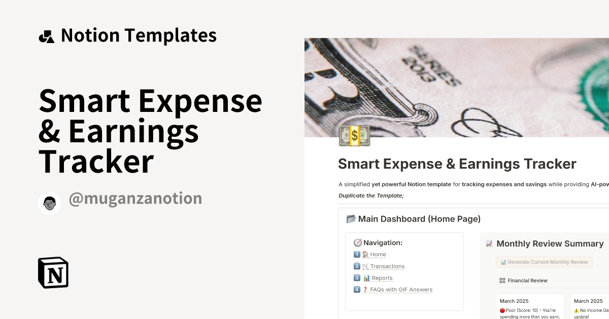 Smart Expense & Earnings Tracker Template by Muganza | Notion Marketplace
