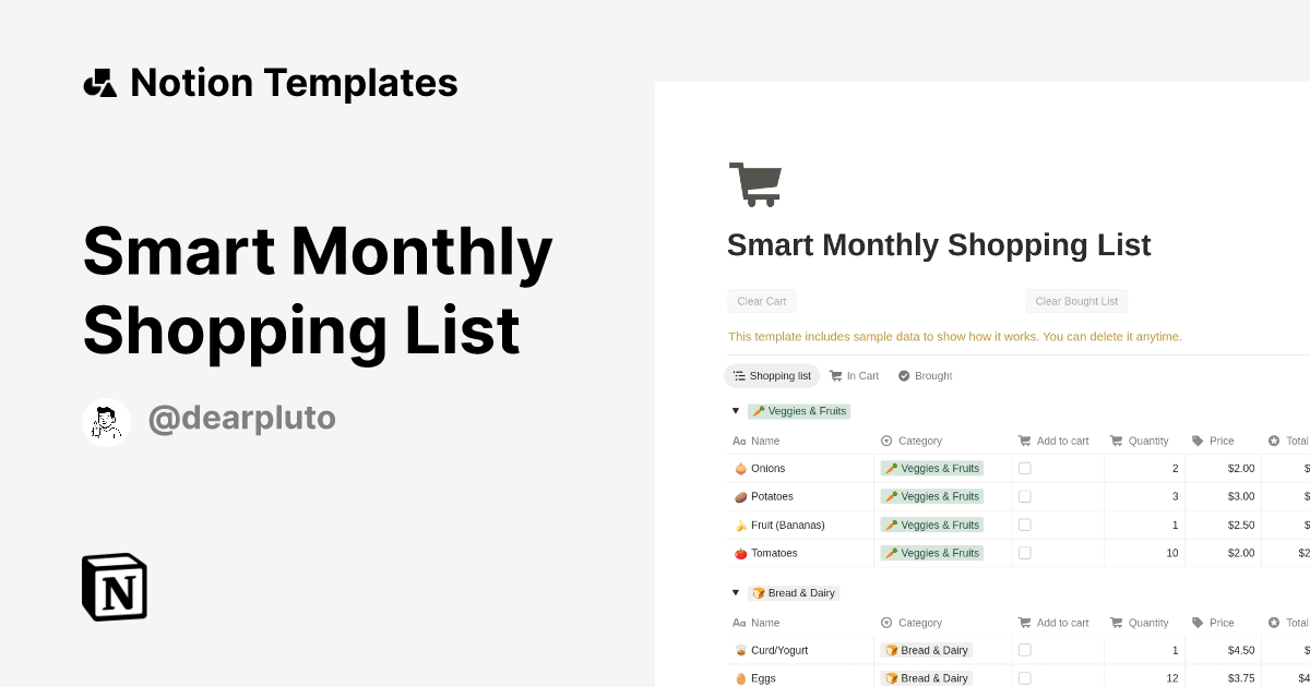 Smart Monthly Shopping List Template by dearpluto | Notion Marketplace