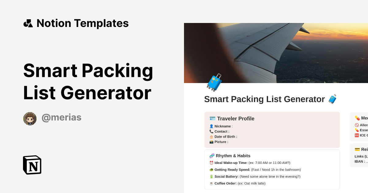 Smart Packing List Generator Template by Merias | Notion Marketplace