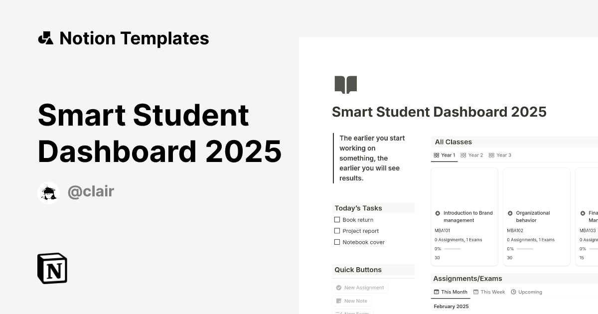 Smart Student Dashboard 2025 Template by Clair Design Co. | Notion ...