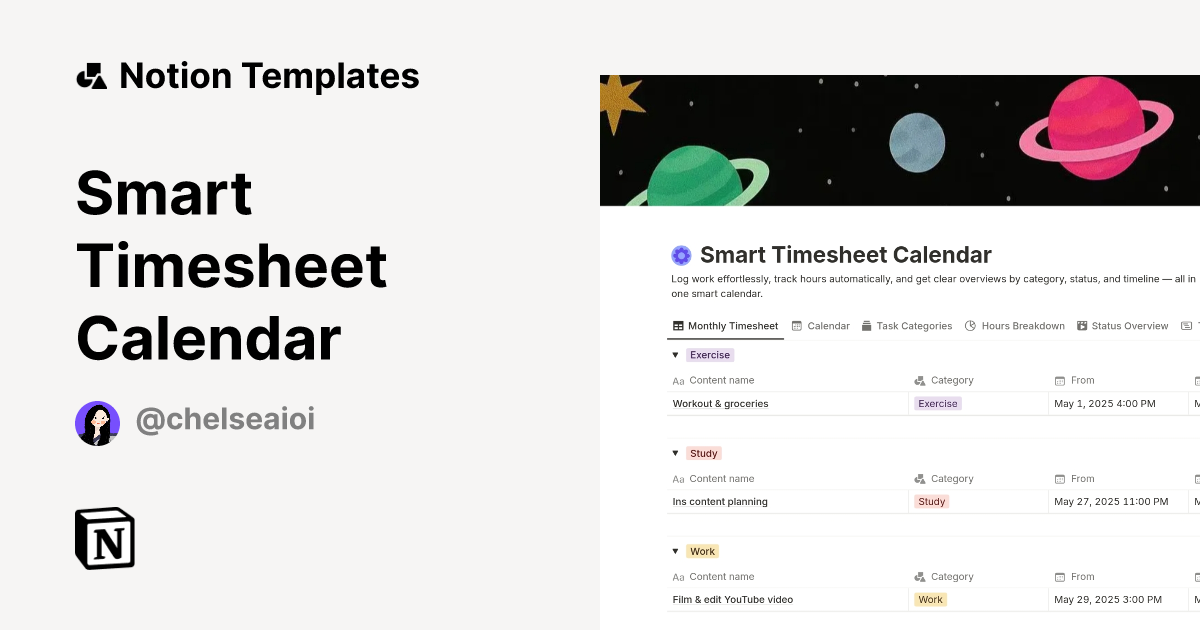 Smart Timesheet Calendar Template by Chelseaioi | Notion Marketplace