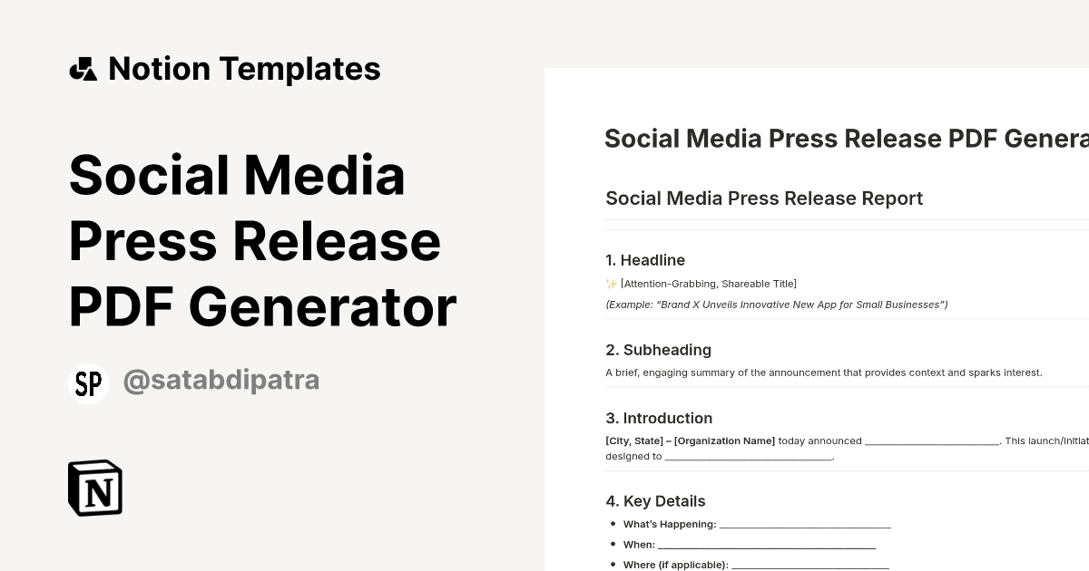 Social Media Press Release PDF Generator Template | Notion Marketplace