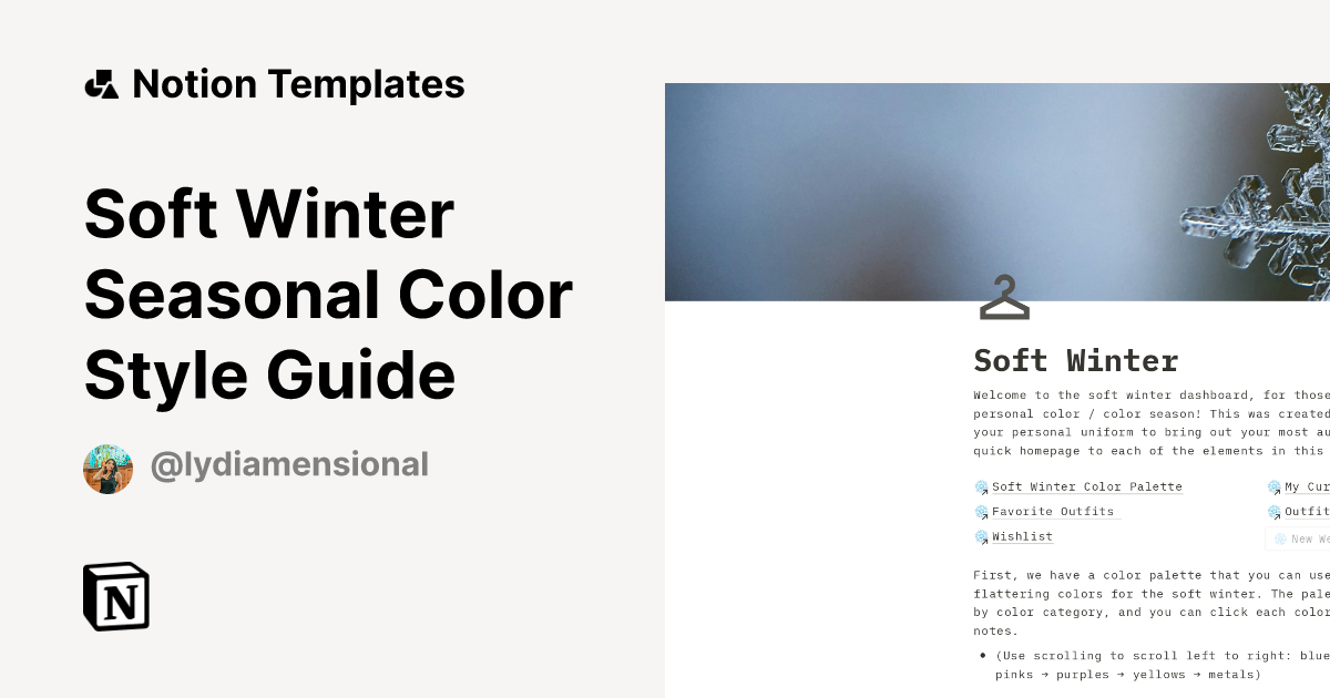 Soft Winter Seasonal Color Style Guide Template by Lydia | Notion Marketplace
